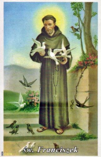 Obrazki ze św. Franciszkiem z Asyżu (100 sztuk) 6,5 x 10 dewocjonalia ...